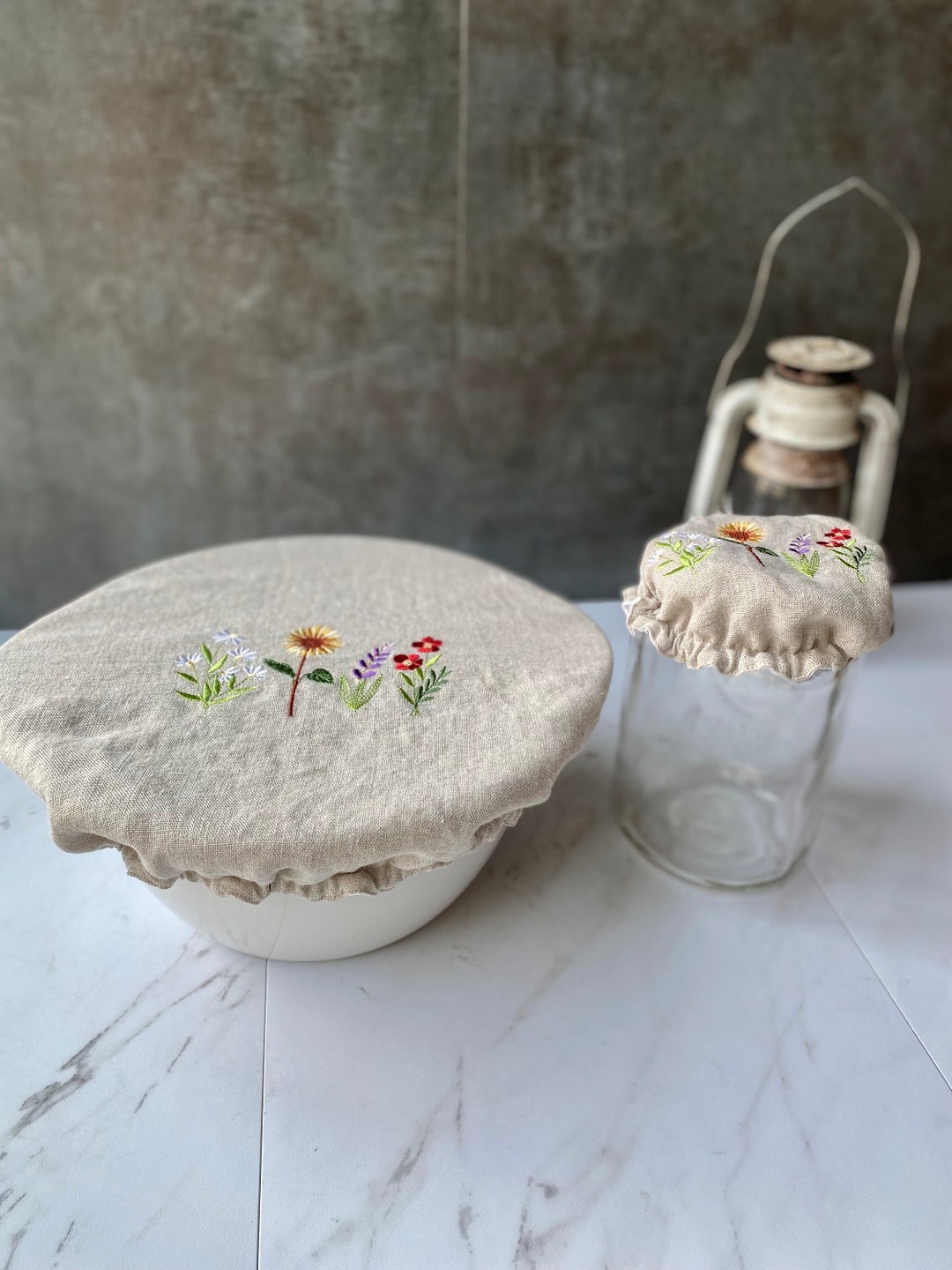 Reusable Linen Embroidered Jar and Bowl Cover Wildflowers on Linen ...