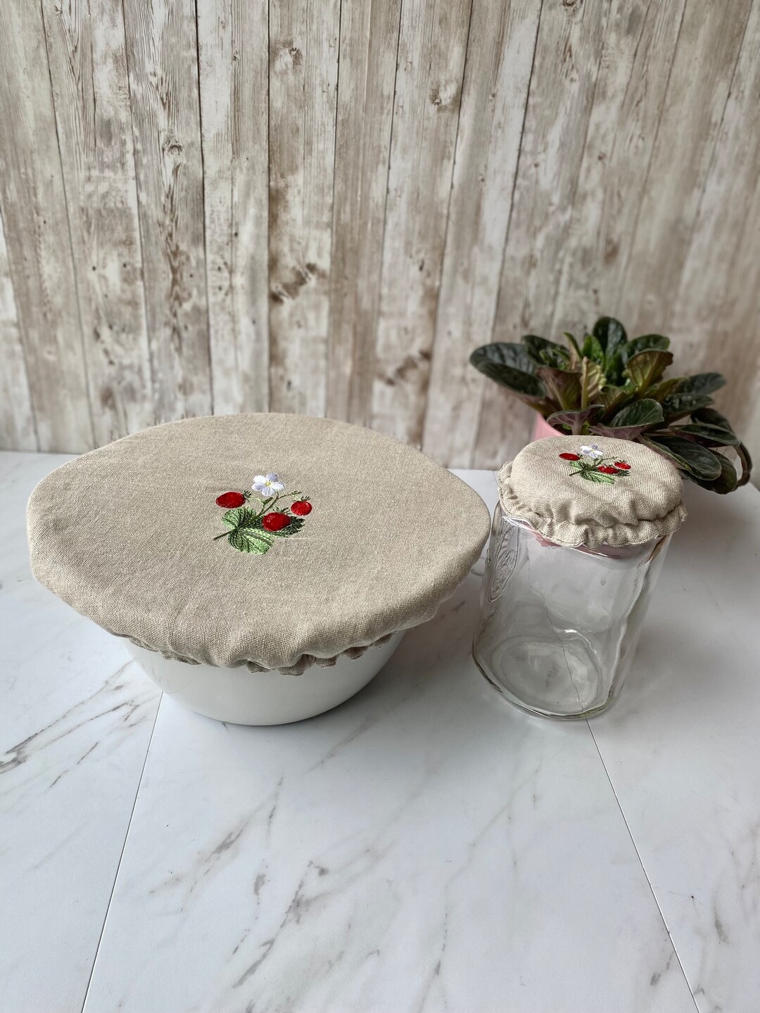 Linen Embroidered Bowl and Jar Covers Strawberry You Choose Lining - Etsy