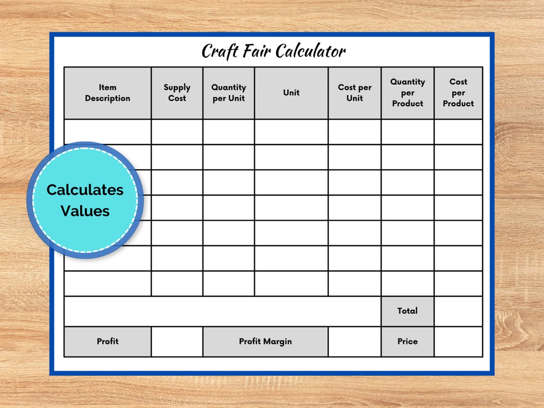 Craft Fair Calculator - Form Fillable - Instant Download - PDF Format ...