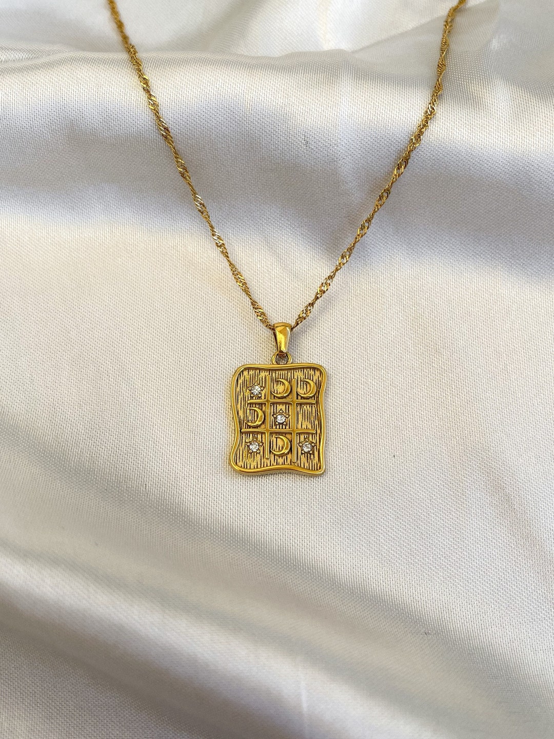 Checkerboard Pendant, 18k Gold Plated Necklace, Layering Necklace ...