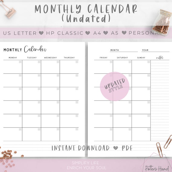 Monthly Calendar Perpetual Calendar Undated Calendar | Etsy