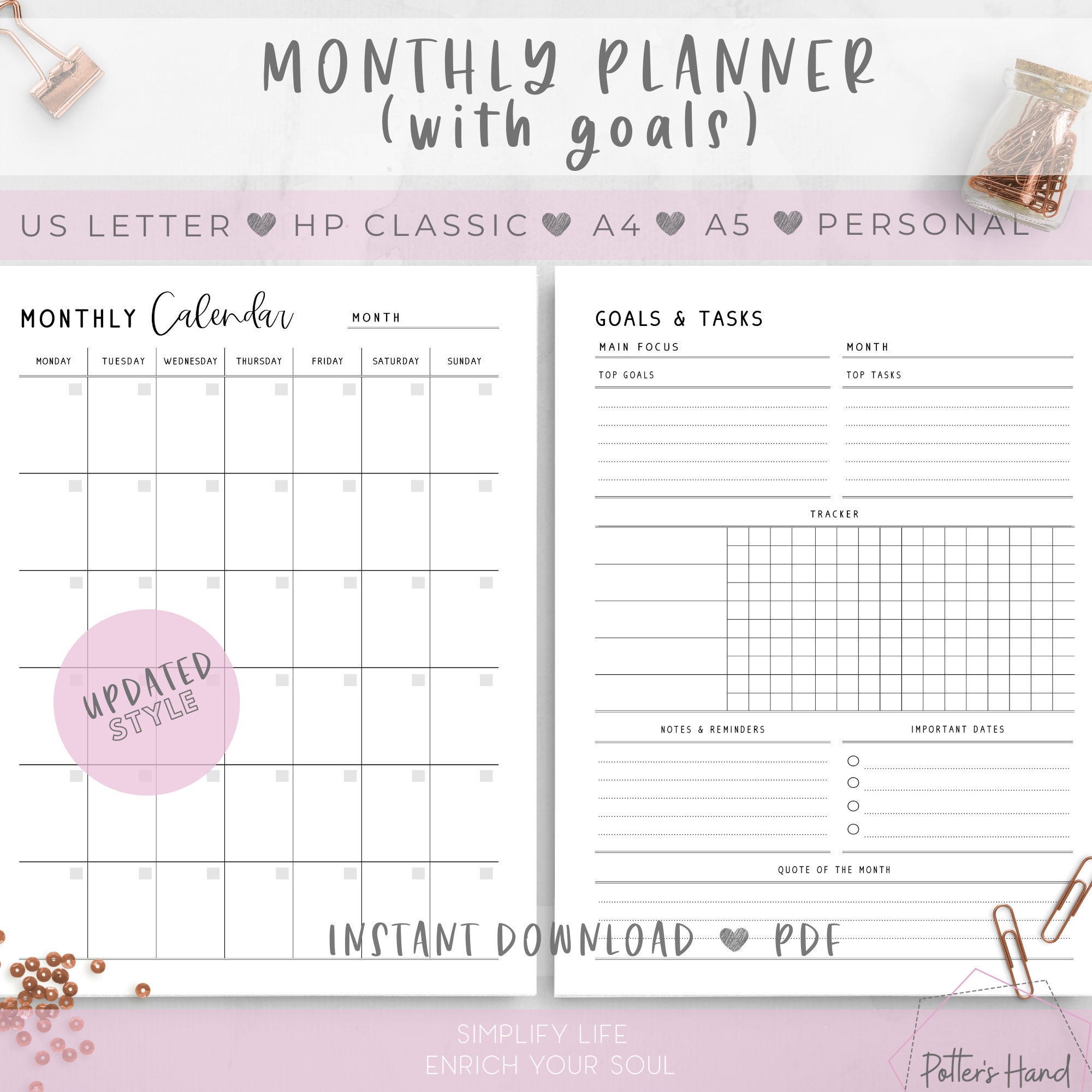 Monthly Calendar Monthly Planner Productivity Planner Goal | Etsy