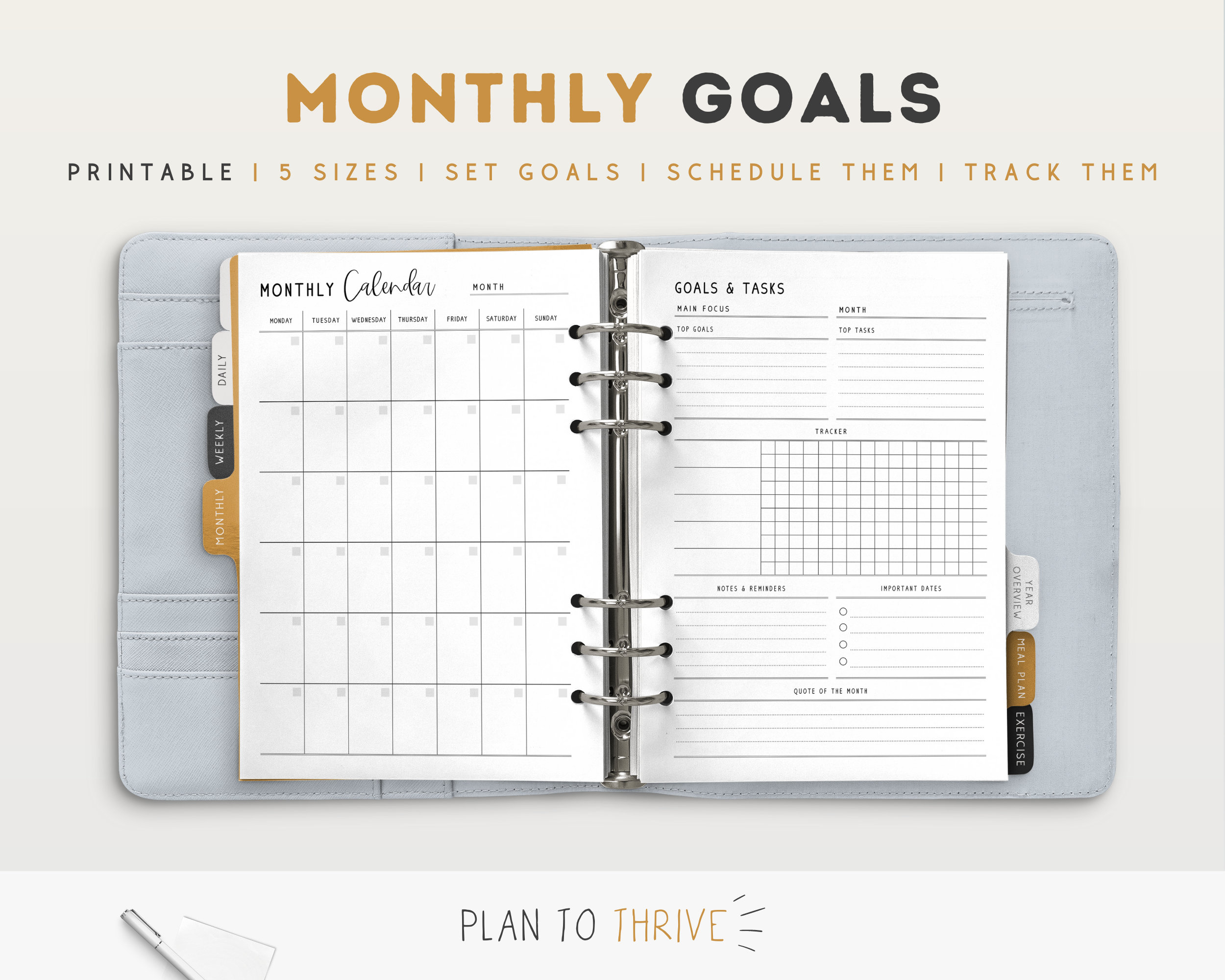Monthly Calendar, Monthly Planner, Productivity Planner, Goal Tracker ...