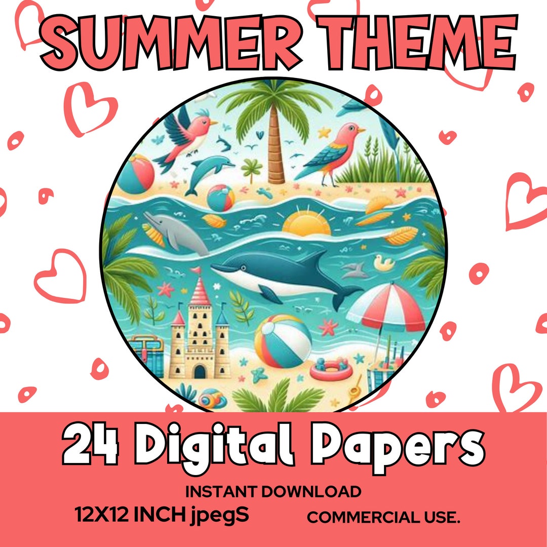 Summer-themed Digital Paper 24 Sheets 12 Inch by 12 Inch JPEG Format ...