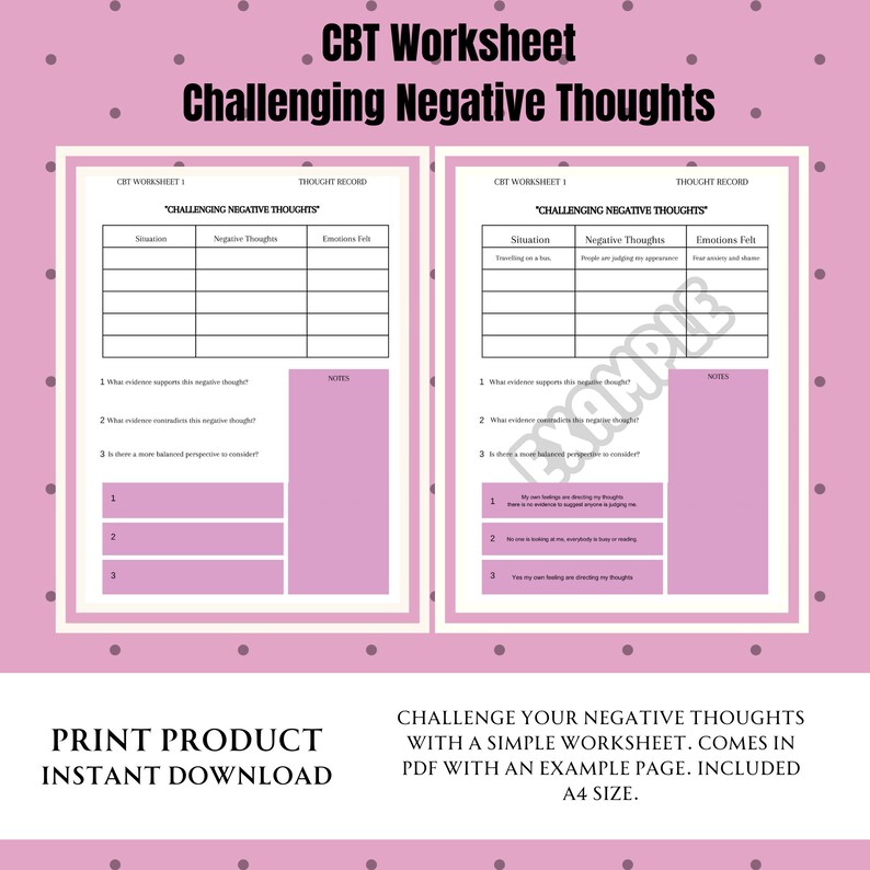 CBT Worksheet Challenging Negative Thoughts Positive Mental Health ...