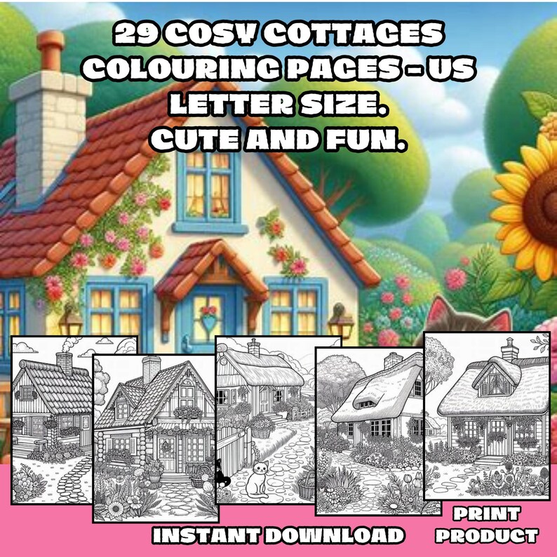 Adult Stress Relieving Colouring Pages, Cosy Cottages 29 Unique Colouring Sheets. Mindfulness ...