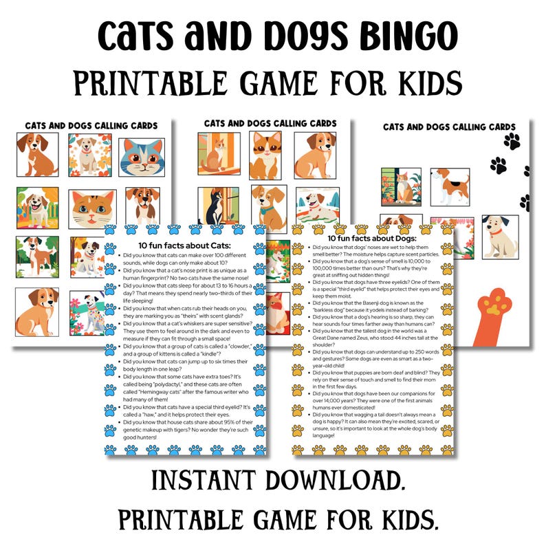 Cats Dogs Bingo Game Printable Fun And Educational Animal Themed