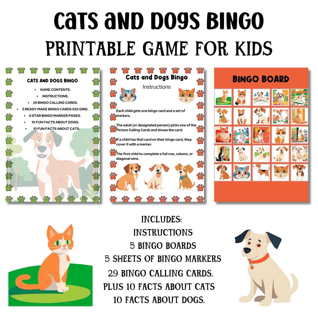 Cats & Dogs Bingo Game Printable - Fun and Educational Animal-themed ...
