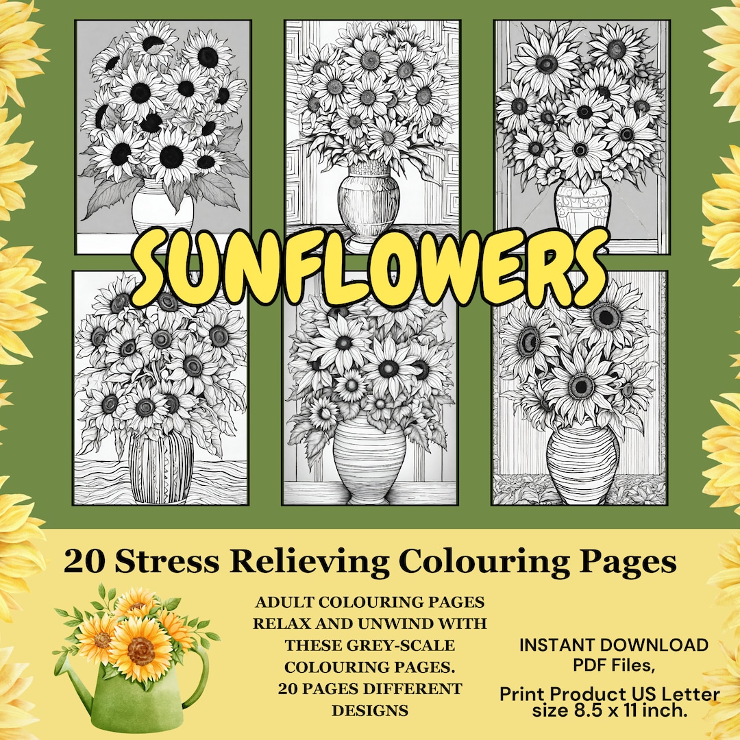 20 Sunflowers Colouring Sheets, Colouring Pages Stress Relieving ...
