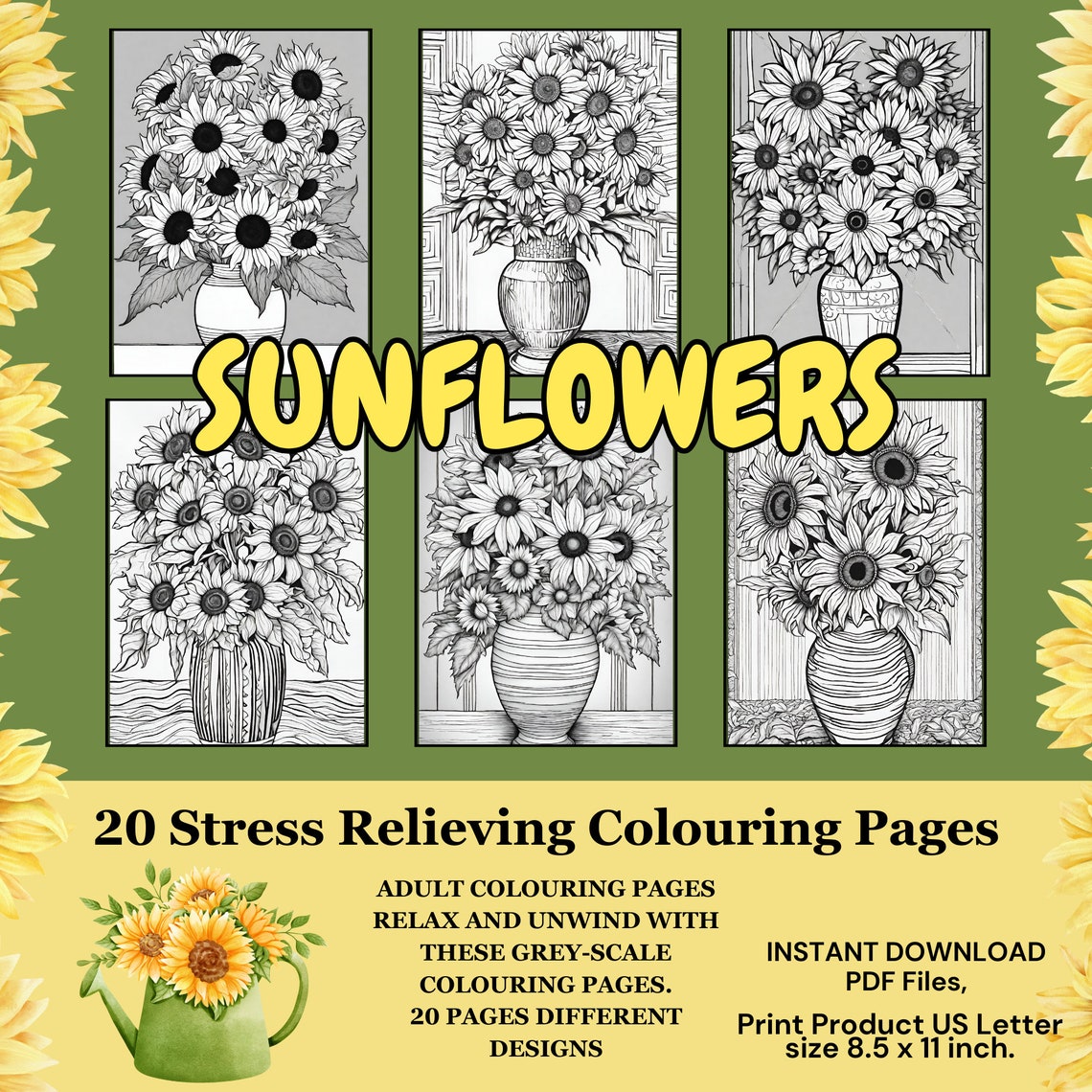 20 Sunflowers Colouring Sheets, Colouring Pages Stress Relieving ...