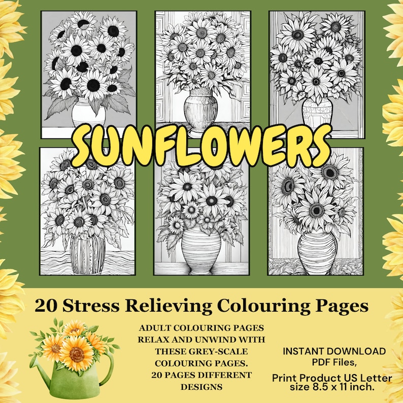 20 Sunflowers Colouring Sheets, Colouring Pages Stress Relieving ...
