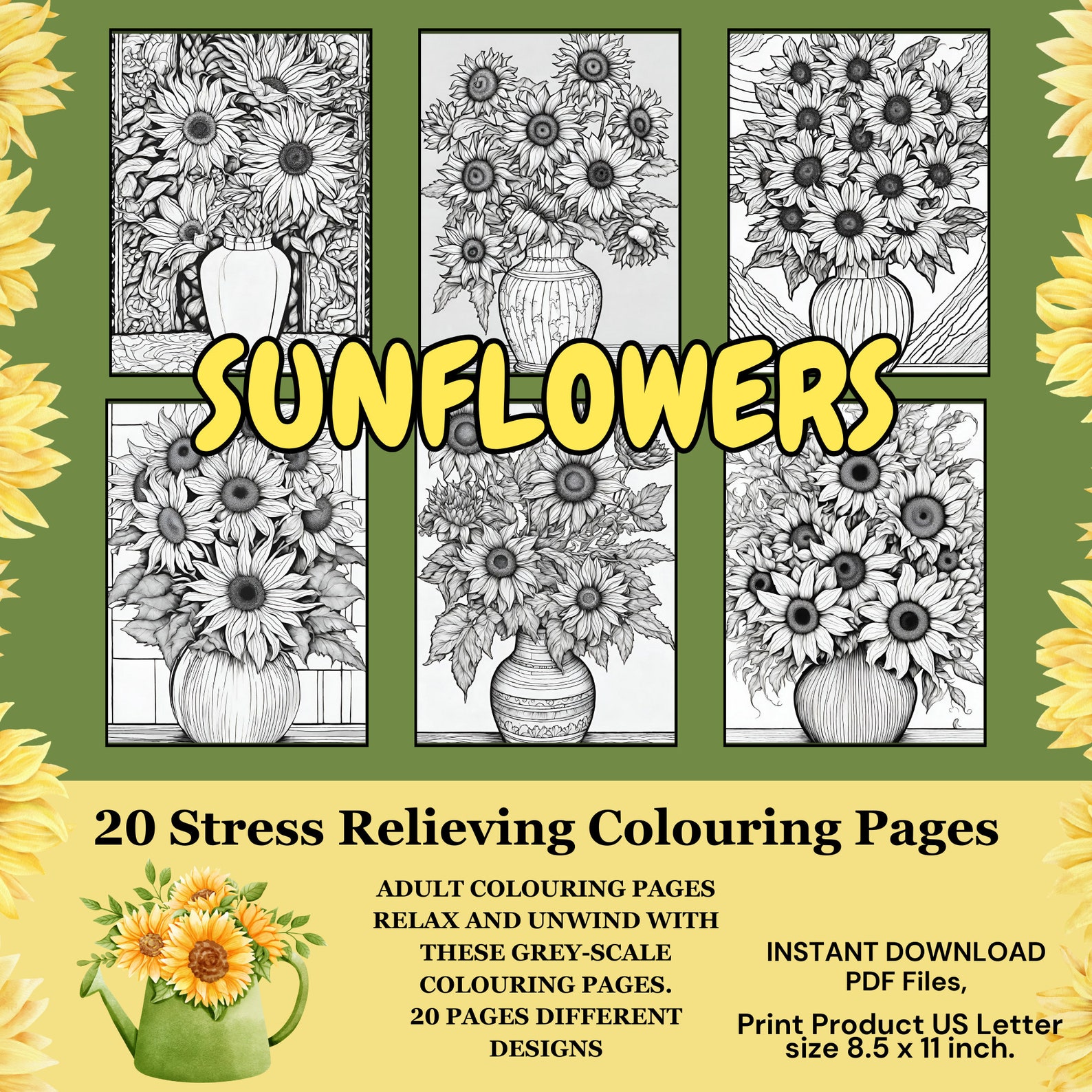 20 Sunflowers Colouring Sheets, Colouring Pages Stress Relieving ...