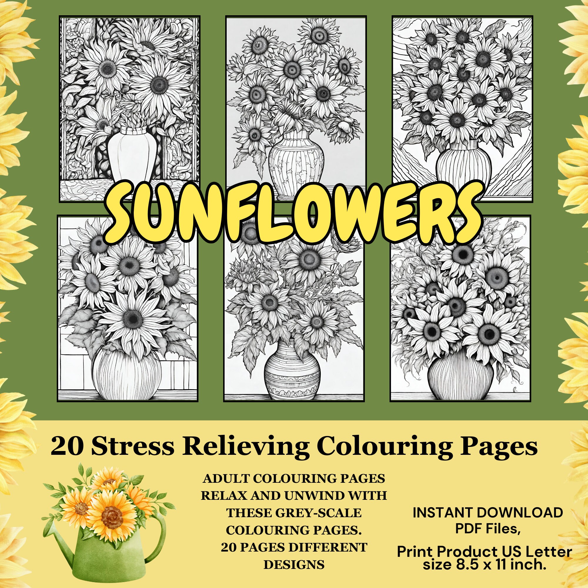 20 Sunflowers Colouring Sheets, Colouring Pages Stress Relieving ...