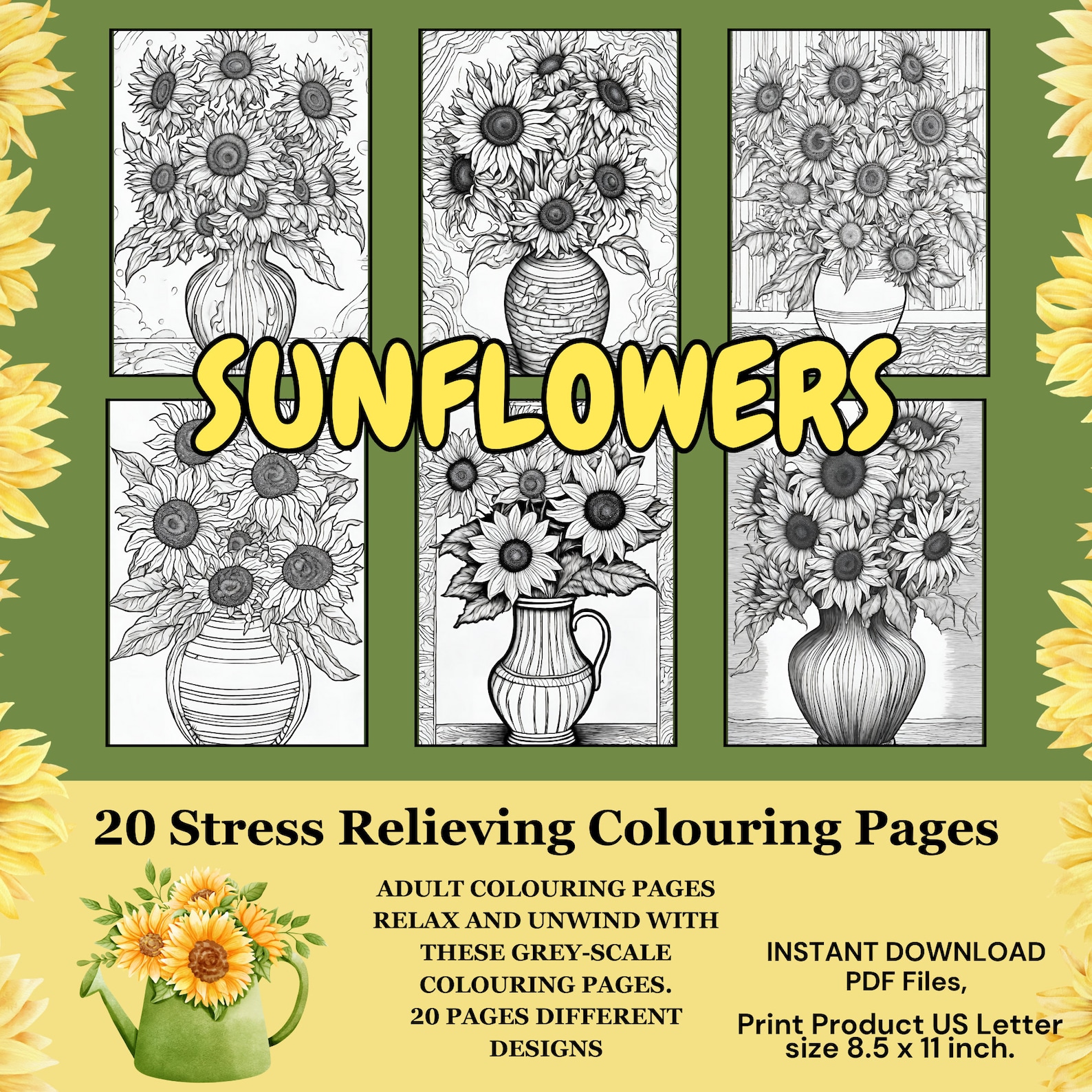 20 Sunflowers Colouring Sheets, Colouring Pages Stress Relieving ...