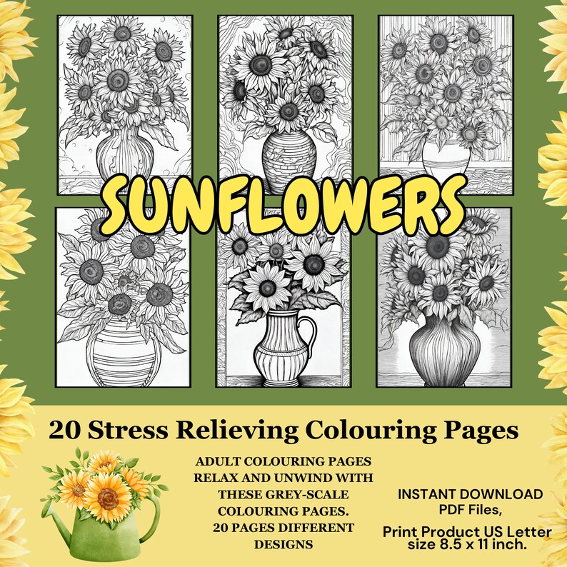 20 Sunflowers Colouring Sheets, Colouring Pages Stress Relieving ...