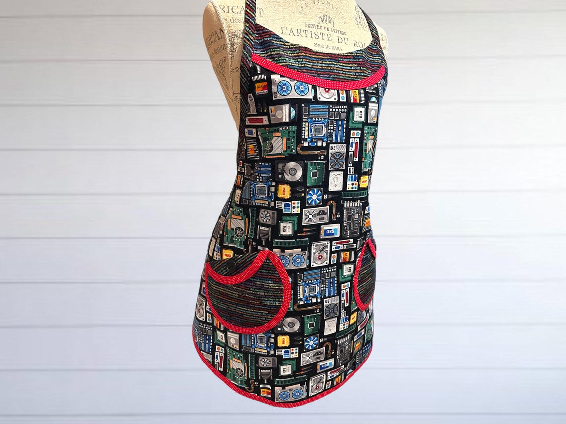 Computer Geek Chef's Apron, Circle Pockets, Whimsical Fabrics in Black ...