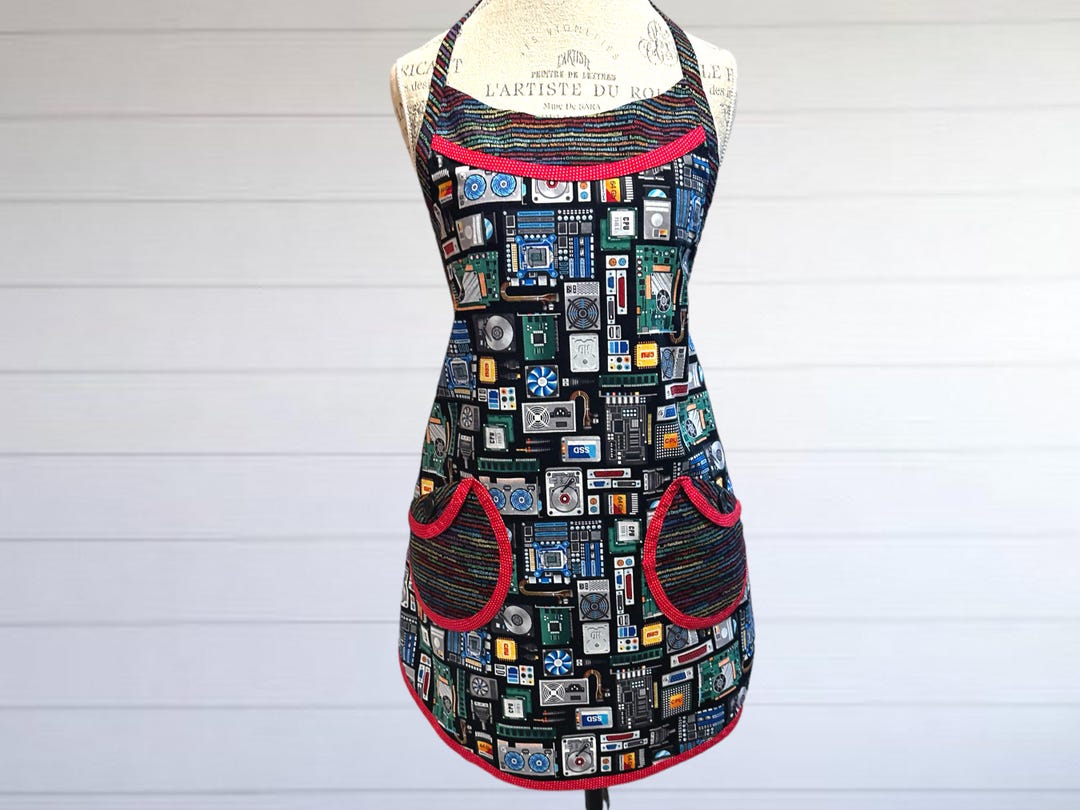 Computer Geek Chef's Apron, Circle Pockets, Whimsical Fabrics in Black ...