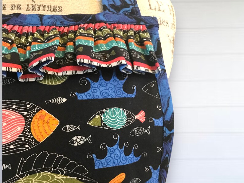Blue Fish Print Apron – Retro Coastal Kitchen Style With Ruffle Detail ...