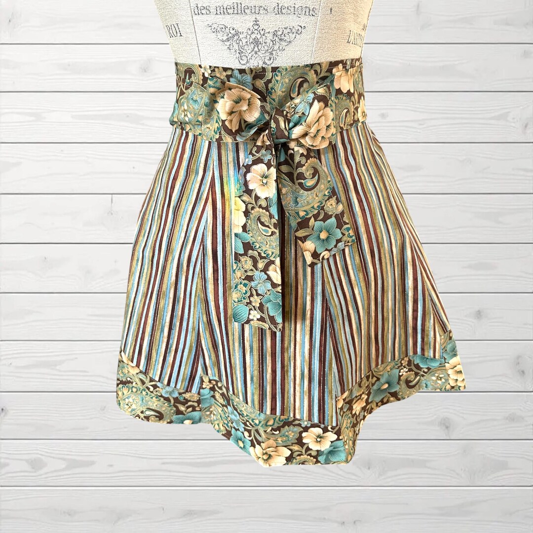 Elegant Hostess Half Apron / Blue & Brown Stripes With Floral Waistband ...