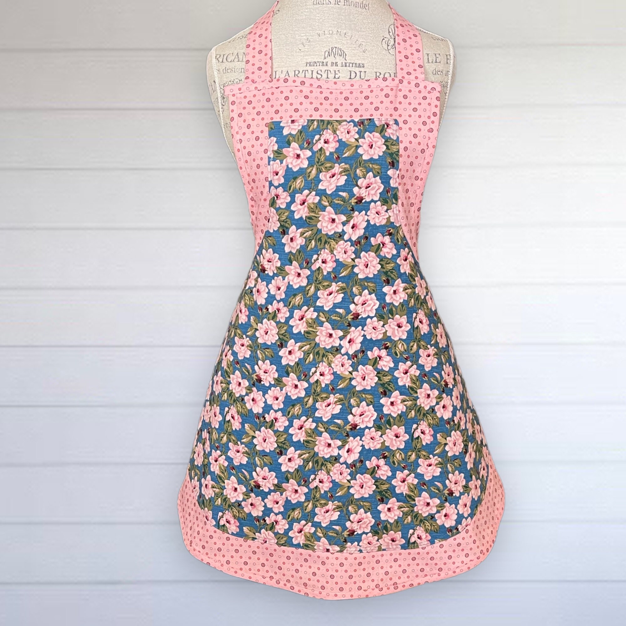Shades of Pink Primroses on Field of Blue Featured on Full Apron, Chic ...