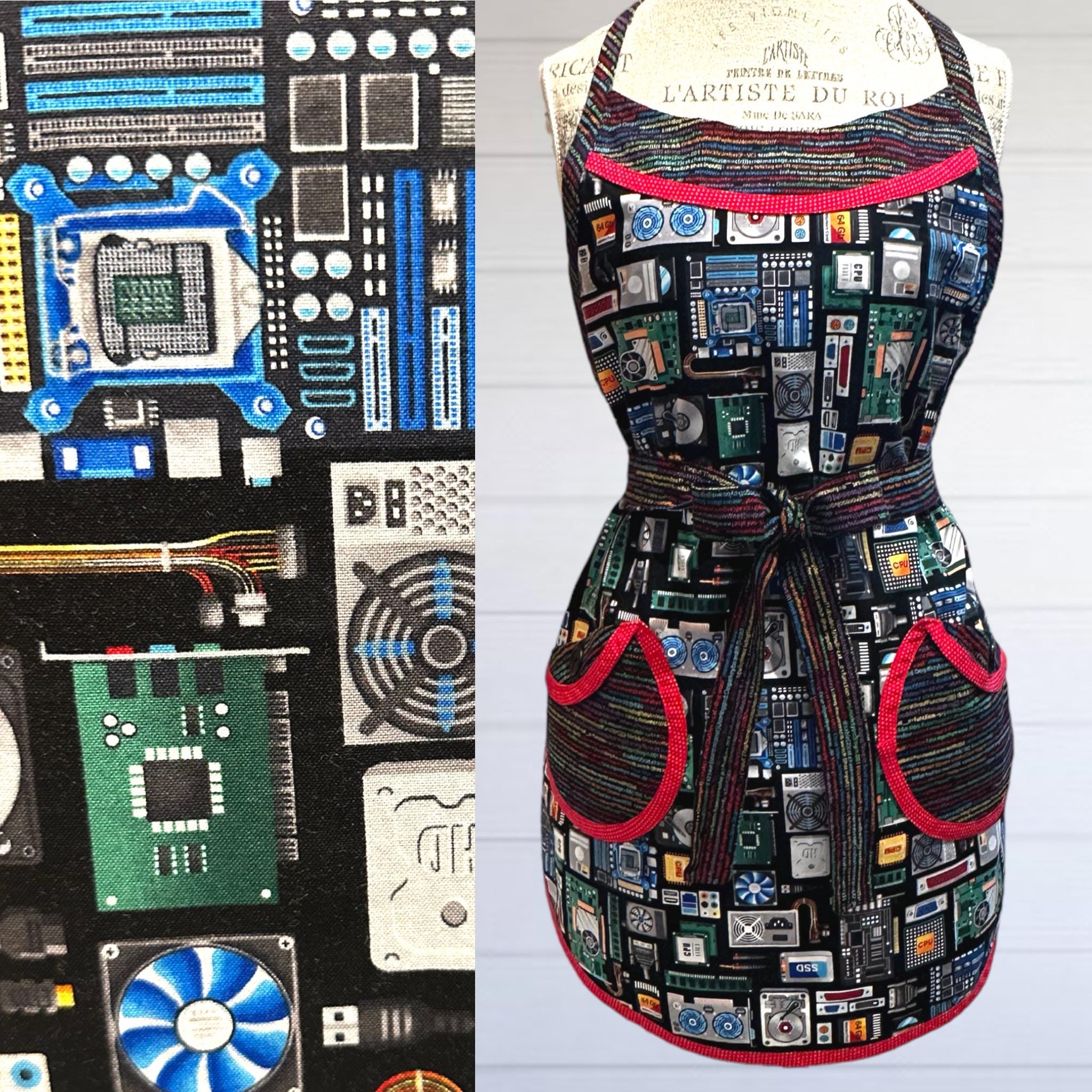 Computer Geek Chef's Apron, Circle Pockets, Whimsical Fabrics in Black ...