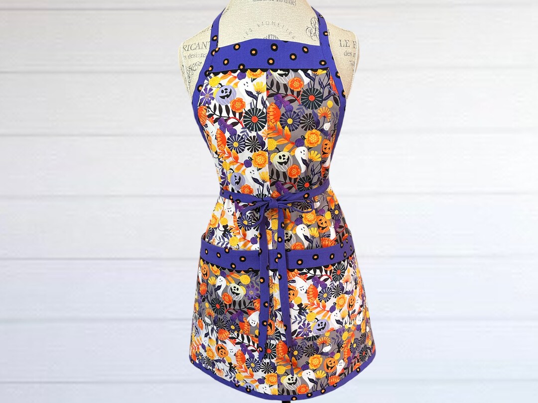 Halloween Apron Fun With Pumpkins and Ghosts, Purple Orange, Large ...