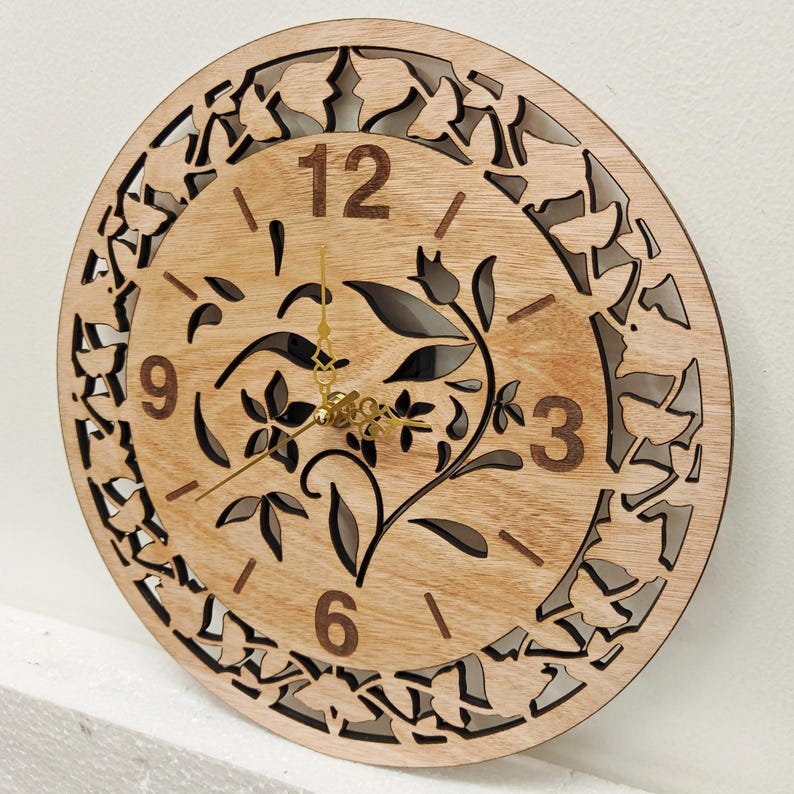 Wood Wooden Laser Cut Engraved Flower Leaf Pattern Wall Clock Door ...