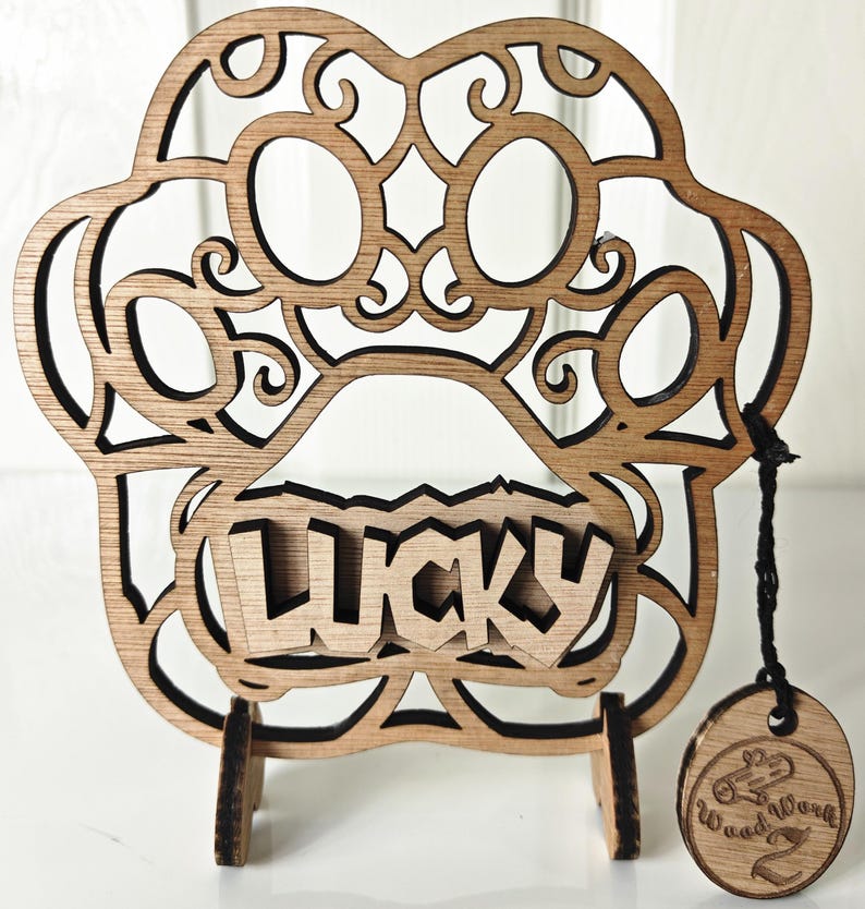 Personalised Bespoke Pet Dog Paw Laser Cut Engraved Wood Name Word Desk ...