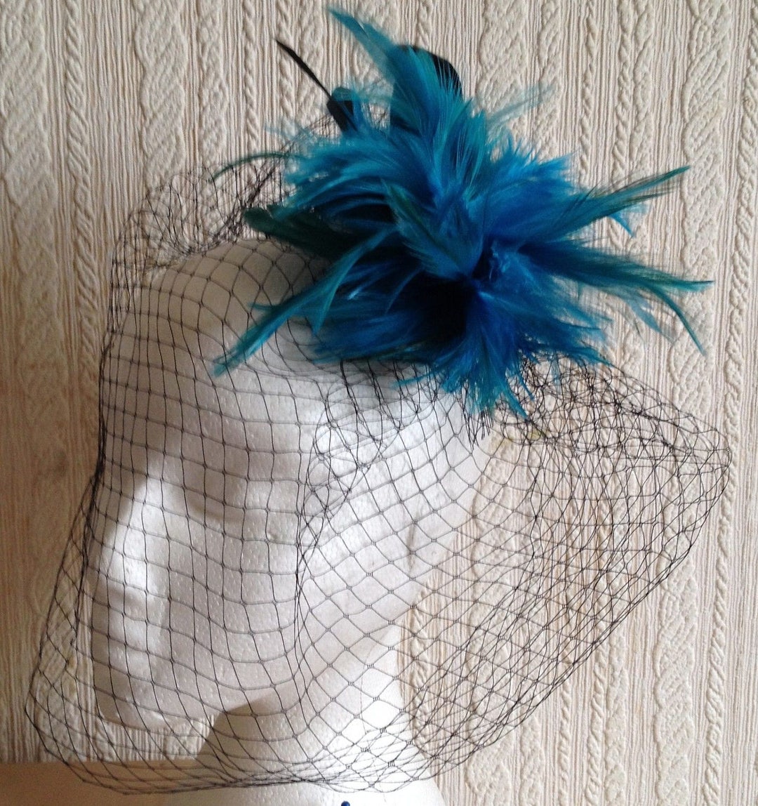 Turquoise Blue Feather Flower Black French Veil Veiling Fascinator ...