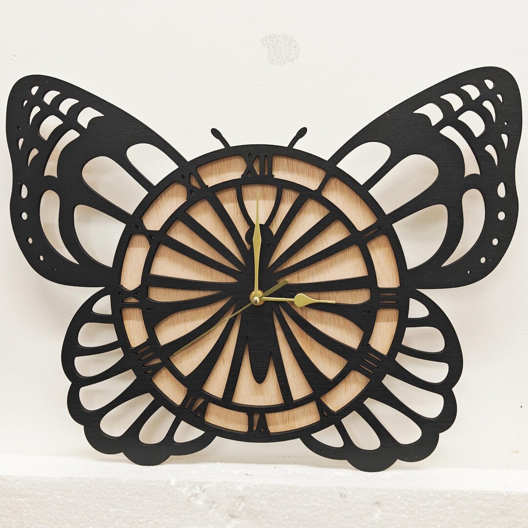 Black Wood Wooden Laser Cut Butterfly Flower Pattern Wall Clock Door ...