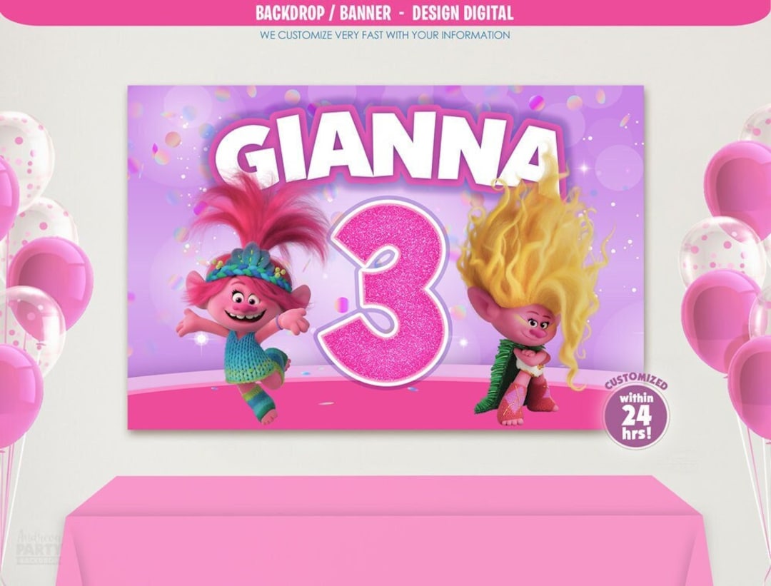 Trolls 3 Birthday Custom Backdrop Name and Age, Poppy and Viva Trolls ...