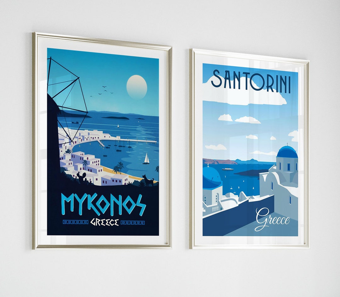 SET OF 2 Greece Posters, Santorini Print, Mykonos Print, Greece Prints ...