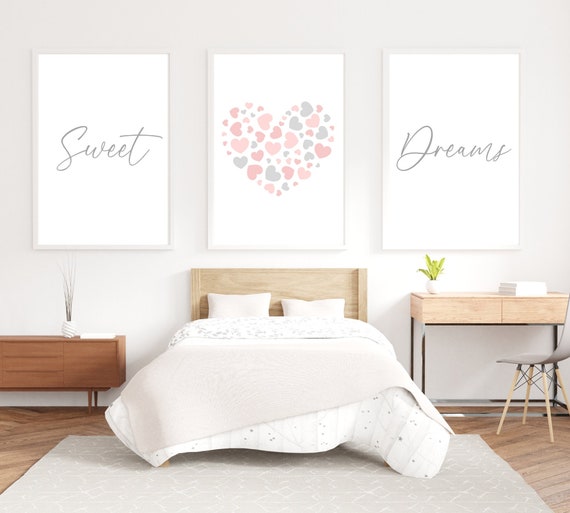 Bedroom Wall Art Sweet Dream Prints Blush Pink and Grey Bedroom Decor Neutral Wall Art Posters Heart Prints SET OF 3 Pink Grey Heart Etsy