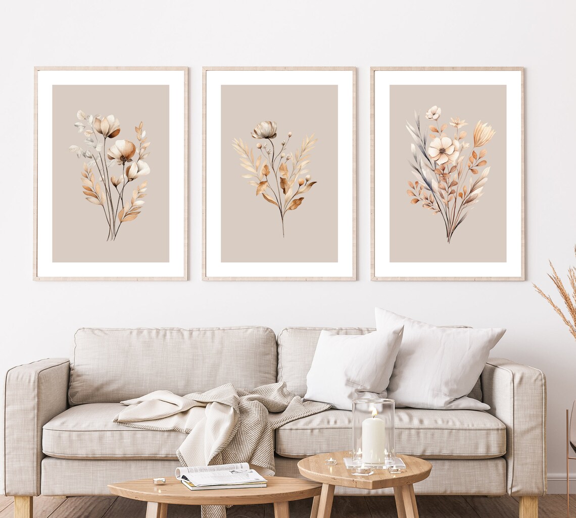 Beige Floral Prints, SET OF 3 Prints, Bedroom Wall Art, Living Room ...