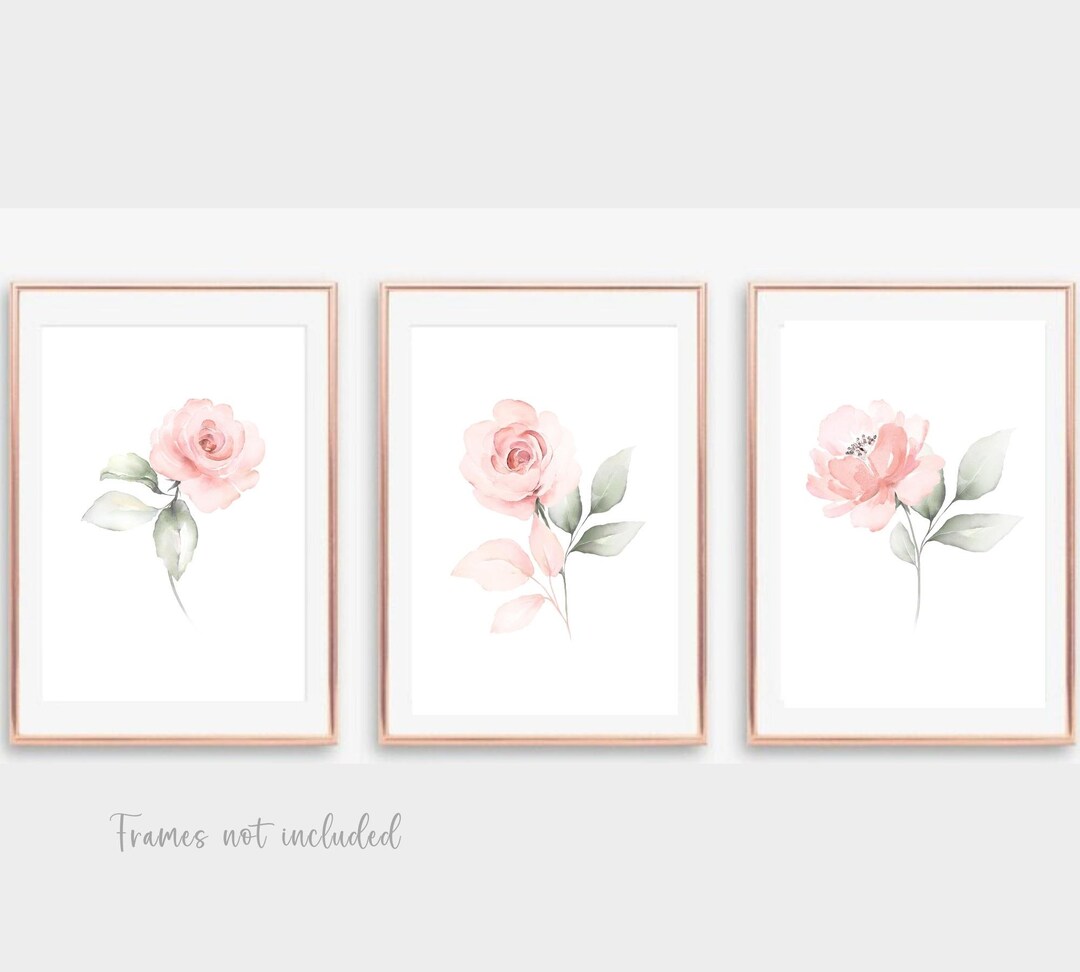 Pink Flower Prints, Pink Rose Watercolour Prints, SET OF 3 Floral ...
