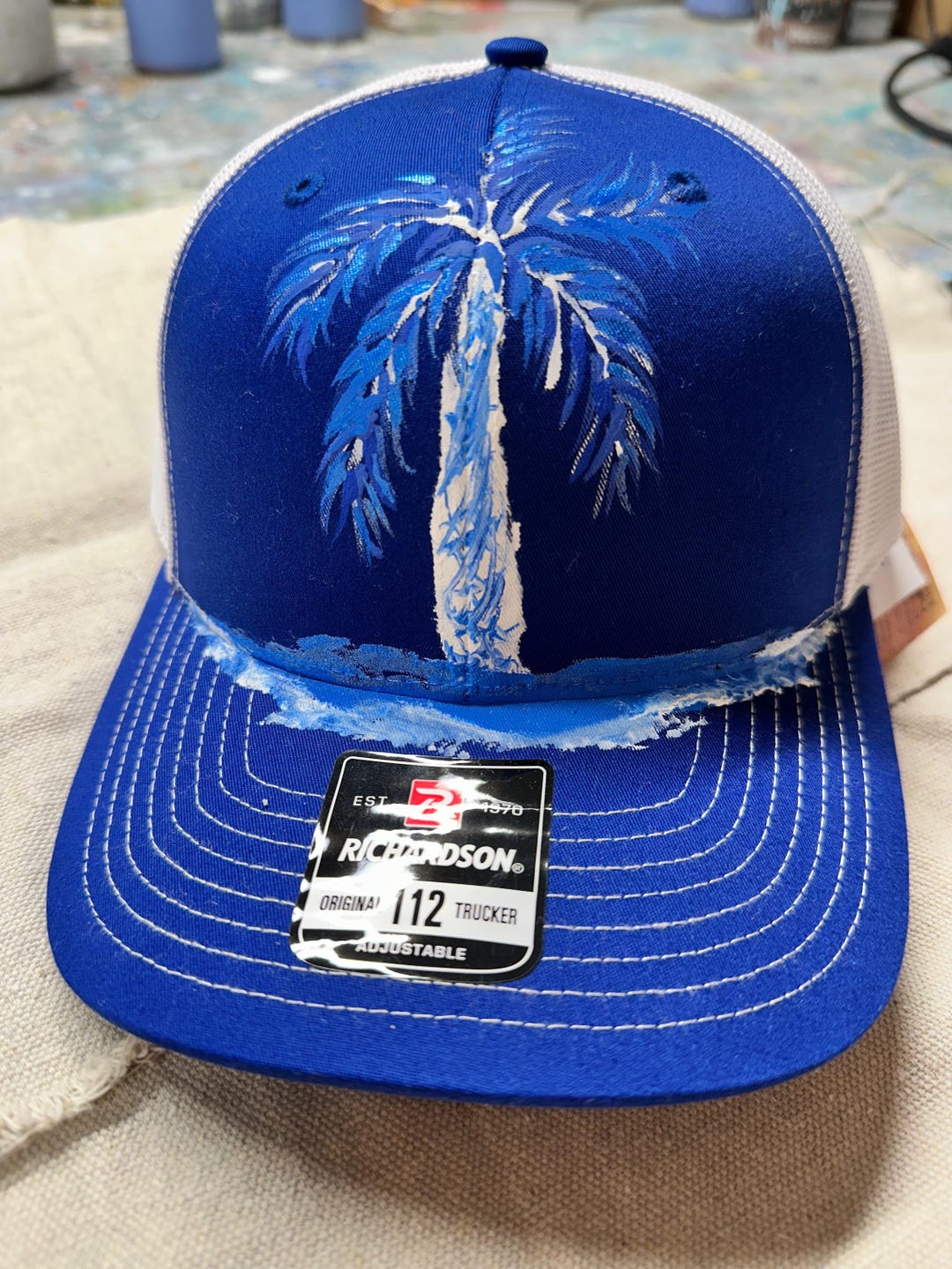 Palm Tree Navy Blue Hat Design | One of A Kind Painted Adjustable ...