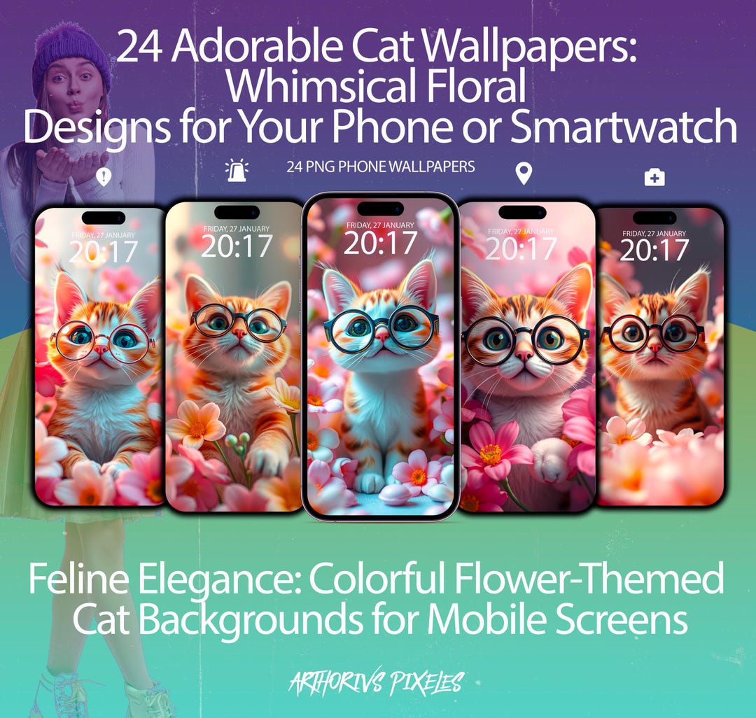 Cats in Bloom: 24 Exclusive PNG Wallpapers for Cat Lovers Everywhere - Etsy