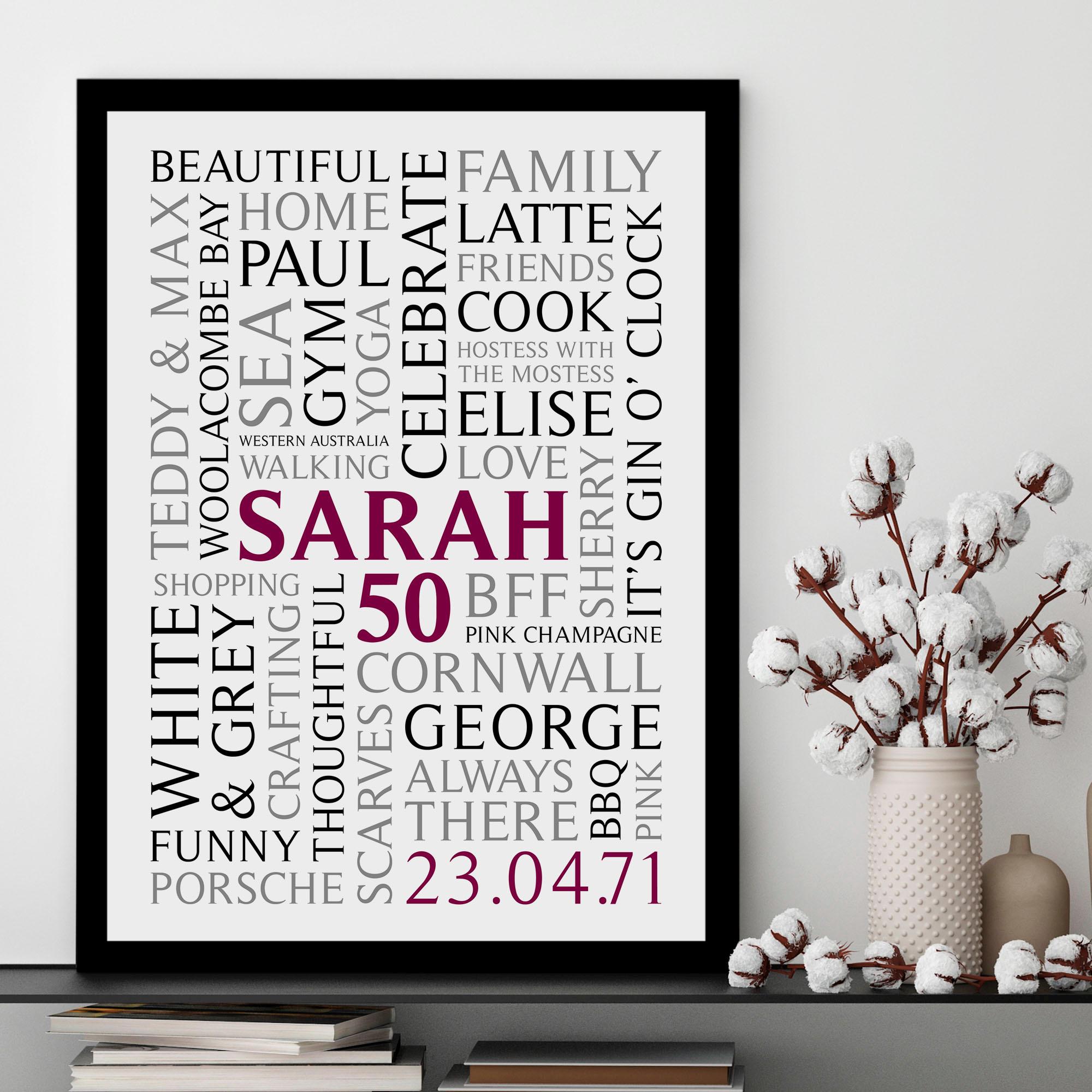Personalised 50th Birthday Word Art Portrait Print | Word Cloud ...