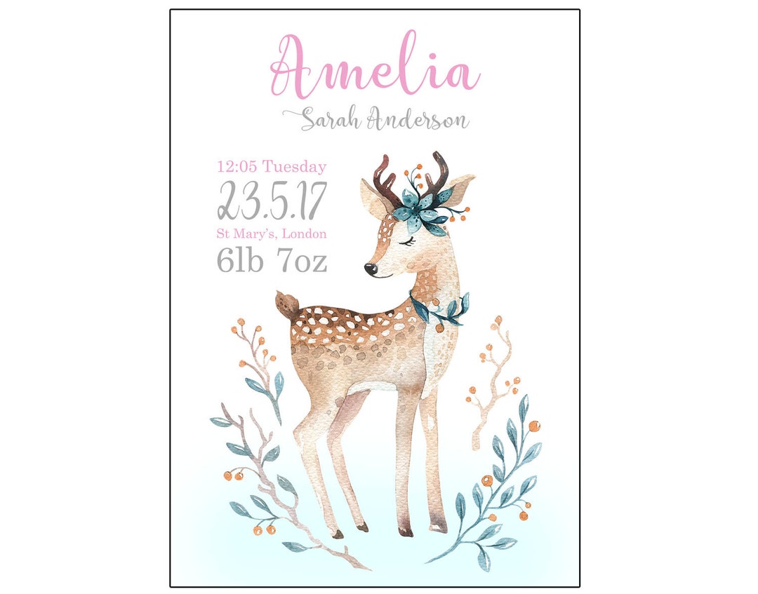 Personalised Baby Deer Birth Announcement Digital File - Etsy