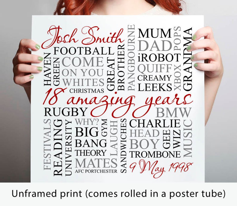 Personalised 18th Birthday Square Word Art | Word Cloud | Typographic ...