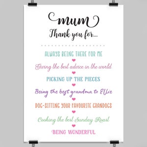 Personalised Thank You Mum Print - Etsy