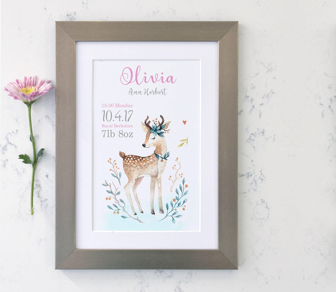 Personalised Baby Deer Birth Announcement Art - Etsy