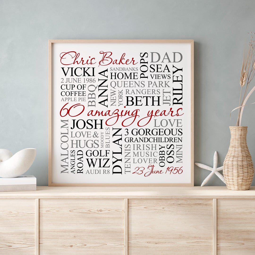 Personalised 60th Birthday Square Word Art | Word Cloud | Typographic ...