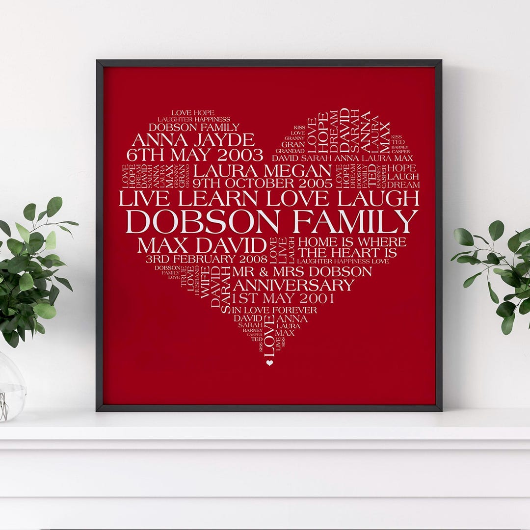 Personalised Heart Family Word Art Print | Word Cloud | Typography ...