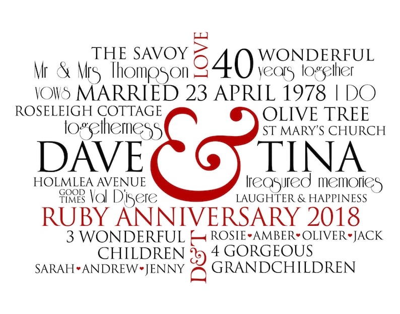 Personalised Ruby Wedding Word Art Digital File - Etsy