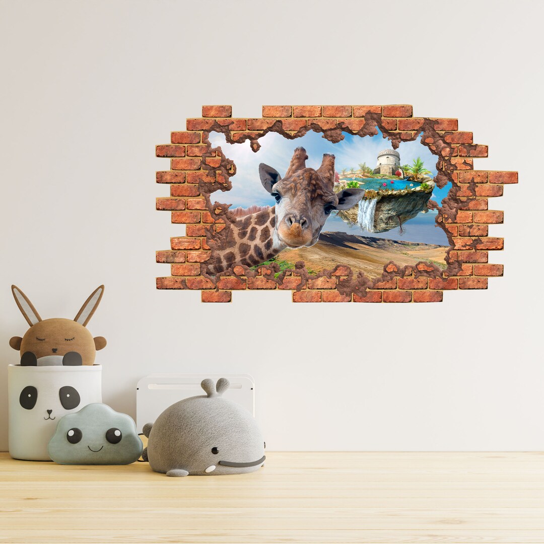 Giraffe 3D Wall Decals Kids Room, Brick Cracked Wall Sticker Nursery ...