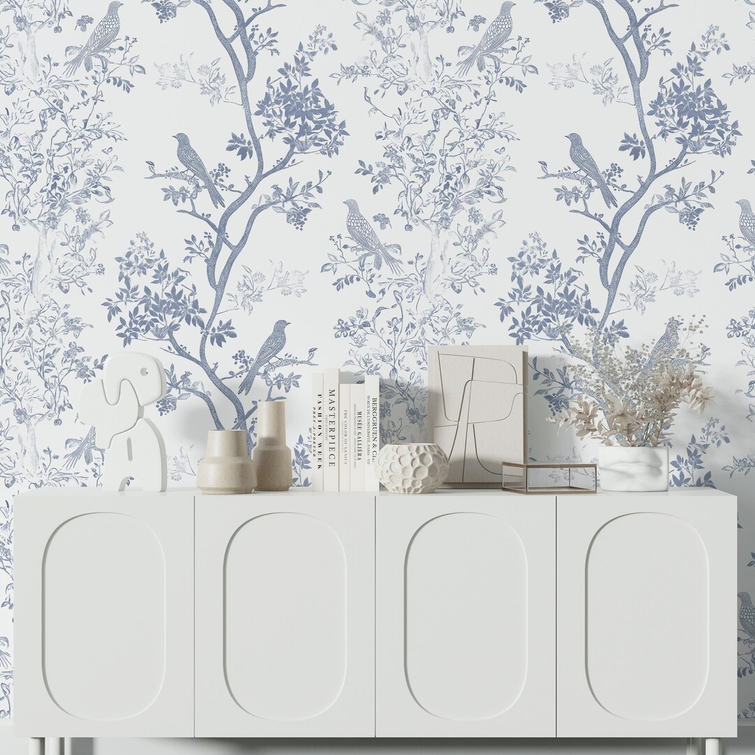 Blue, White Chinoiserie Wallpaper Removable, Birds Botanical Pattern ...