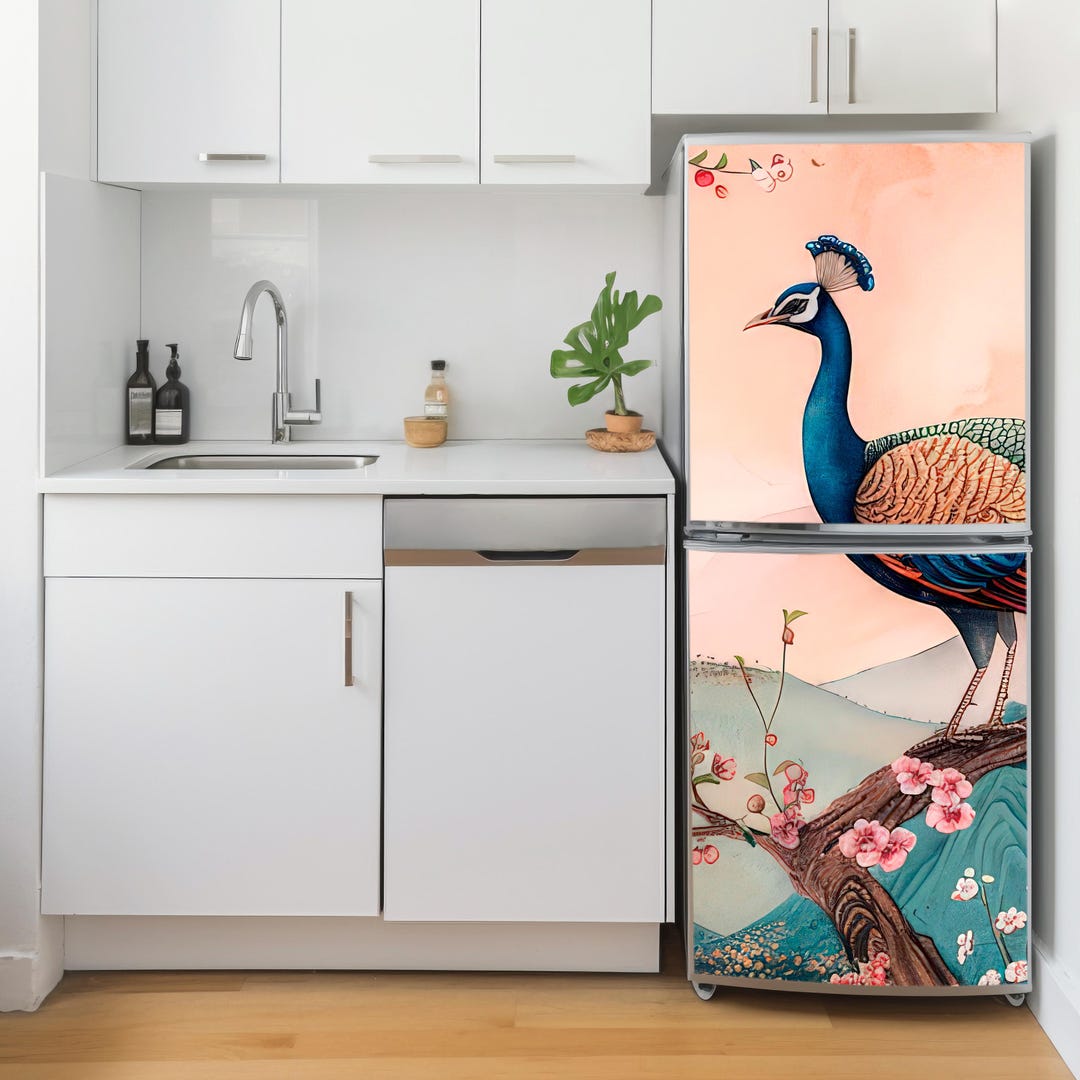 Peacock Fridge Wrap, Bird Refrigerator Vinyl Tree Wrap, Chinoiserie ...