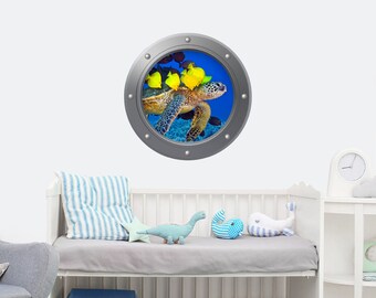 Sea Turtle Porthole Wall Decal Ocean View 3D Window Sticker Kids Room ...