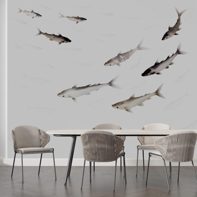 Large Fish Wallpaper Mural, Asian Wallpaper Peel and Stick, Grey Fish ...